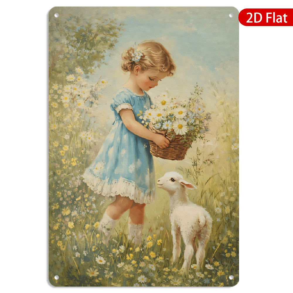 8x12 Inch Metal Wall Art Vintage Pastoral Girl With Daisies And White ...