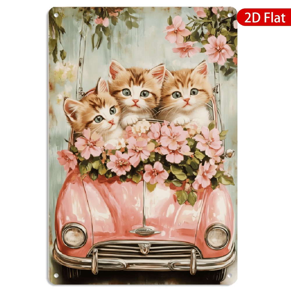 8x12 Inch Metal Wall Art, Vintage Pink Car with Three Cute Kittens and ...