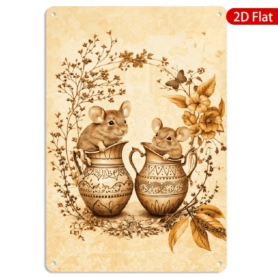 8x12 Inch Metal Wall Art, Vintage Sepia Botanical Mice in Ornate Jugs ...