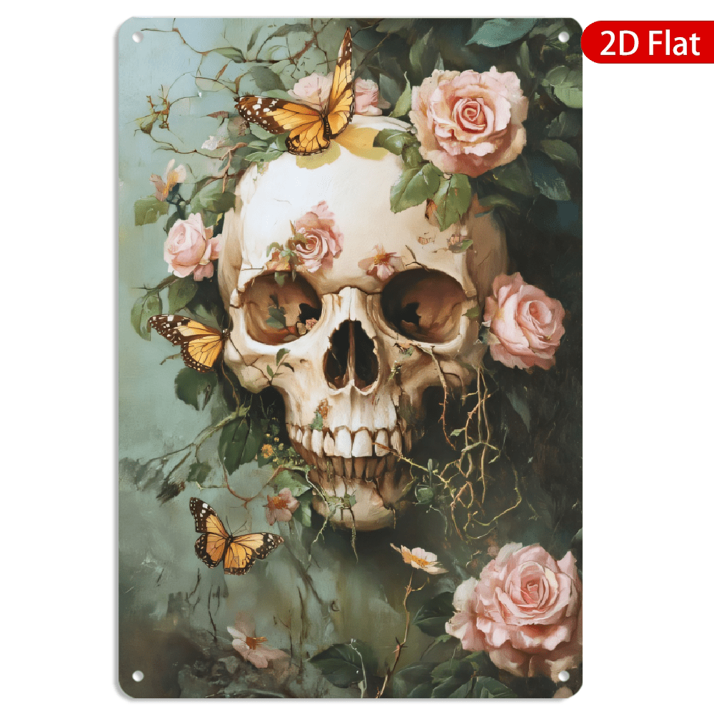 8x12 Inch Metal Wall Art, Vintage Skull Floral Roses Monarch ...