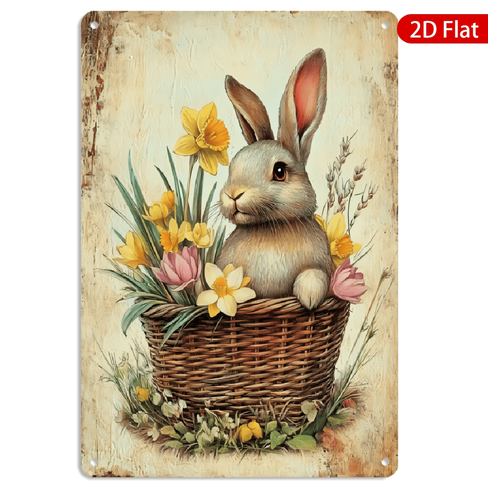 8x12 Inch Metal Wall Art, Vintage Spring Rabbit in Woven Basket with ...