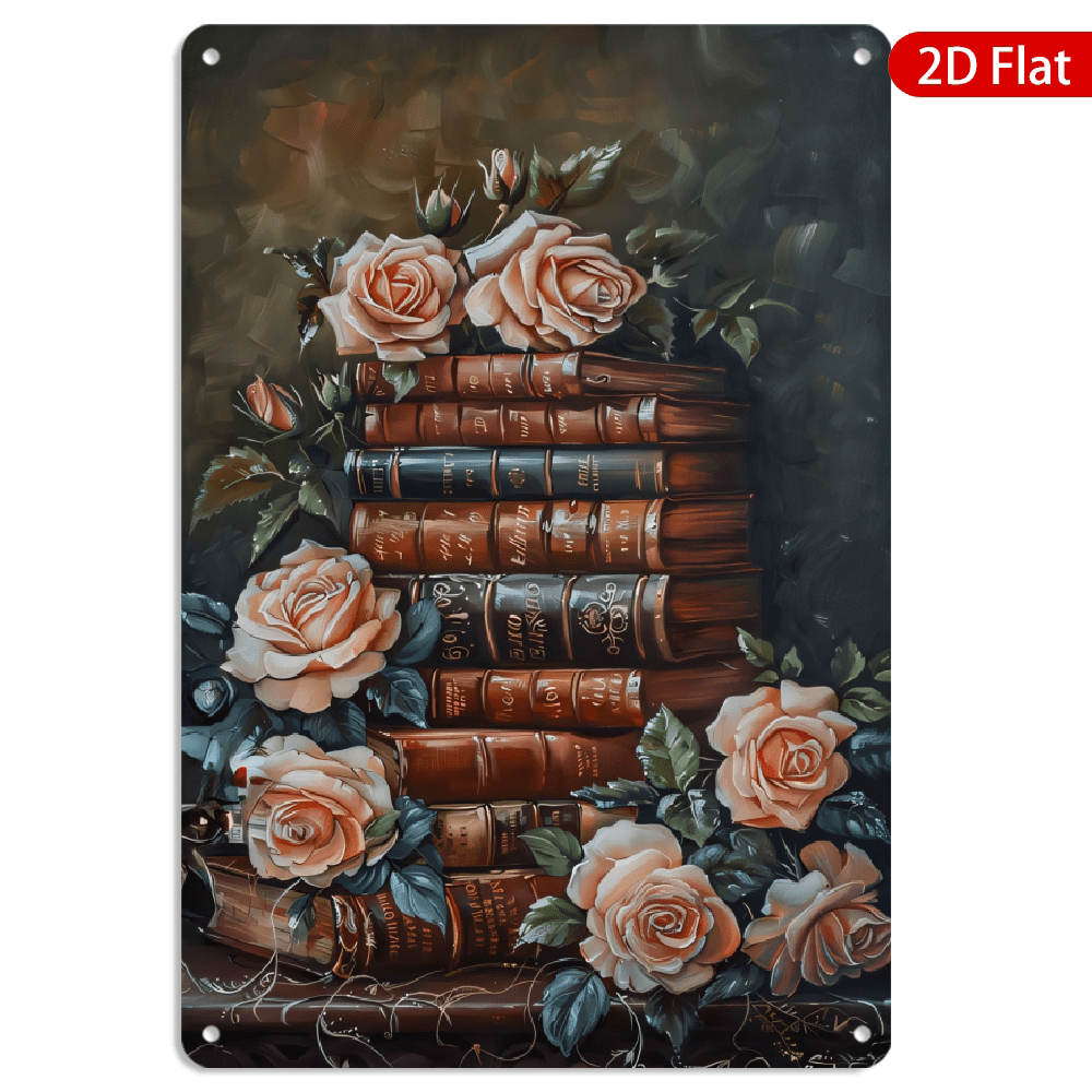 8x12 Inch Metal Wall Art, Vintage Stacked Books and Pink Roses Design ...