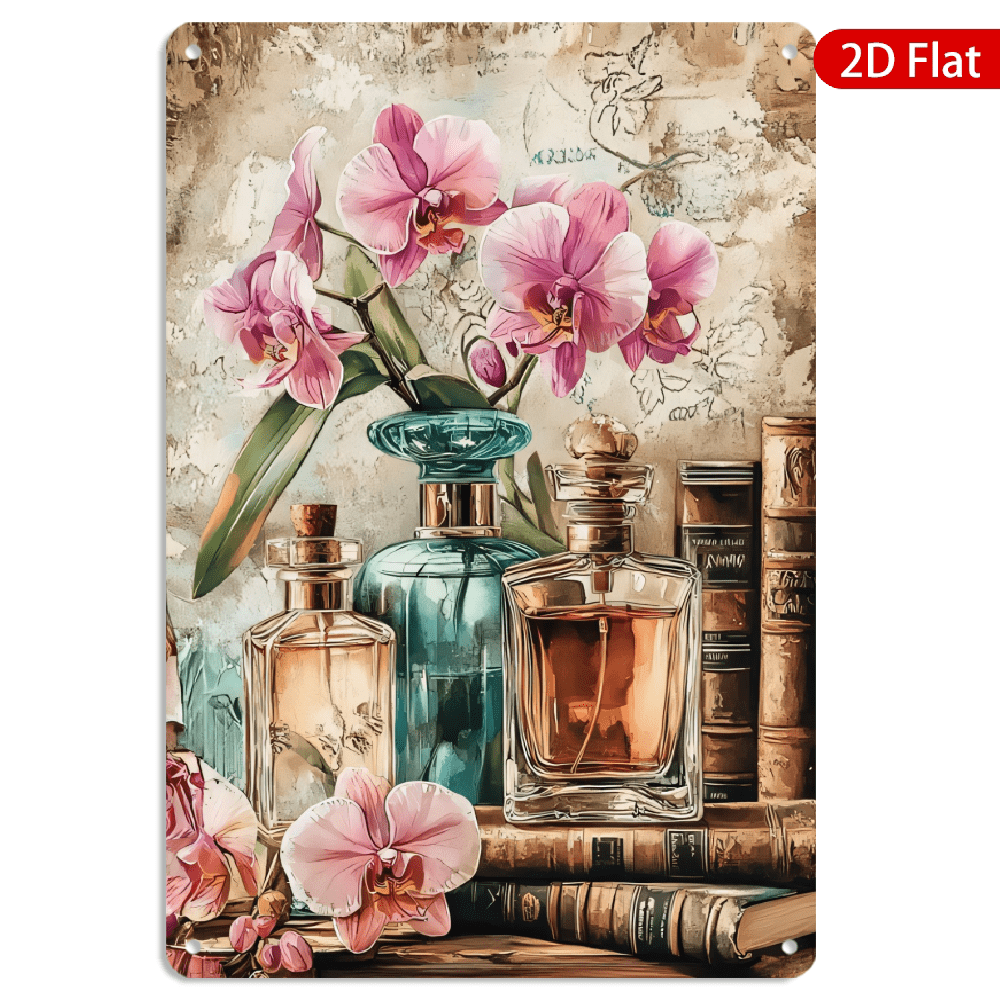 8x12 Inch Metal Wall Art, Vintage Still Life Perfume Bottle and Orchid ...