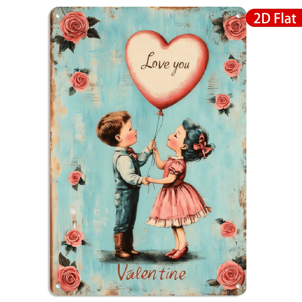 8x12 Inch Metal Wall Art, Vintage Valentine Children with Heart Balloon ...