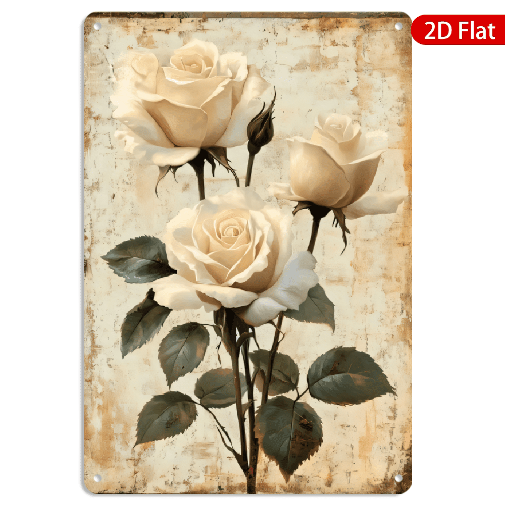 8x12 Inch Metal Wall Art, Vintage White Rose Floral Illustration ...