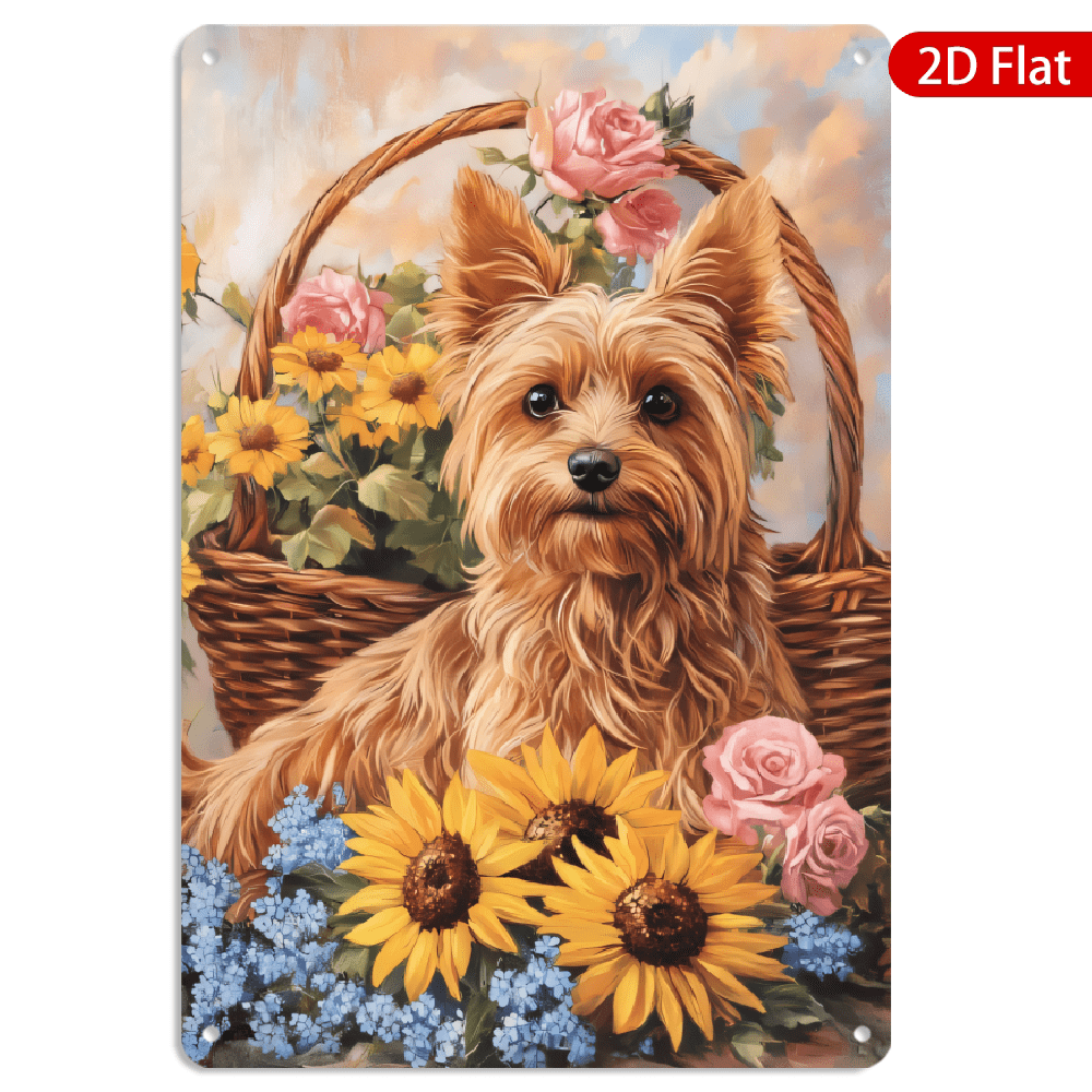 8x12 Inch Metal Wall Art, Whimsical Dog Sitting in Wicker Basket with ...