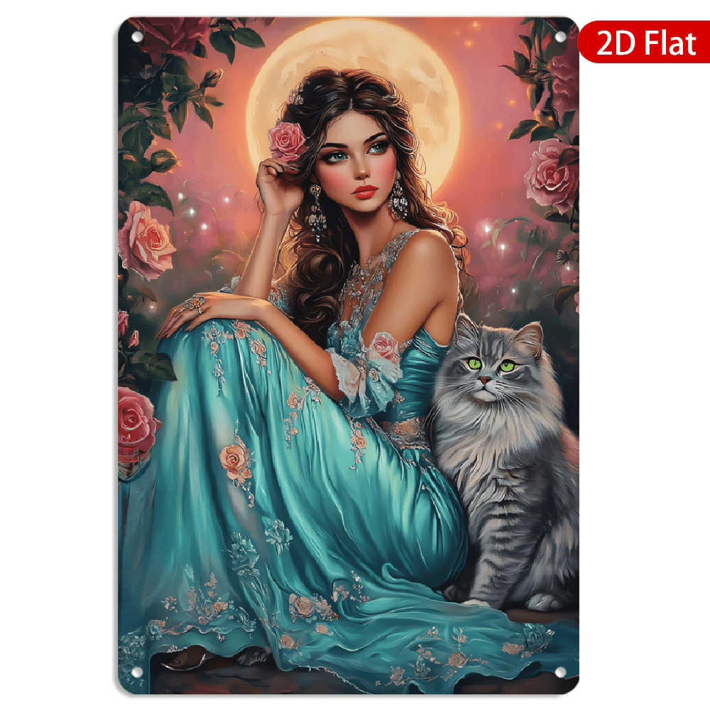 8x12 Inch Metal Wall Art, Whimsical Fairy Tale Girl with Cat and Rose ...