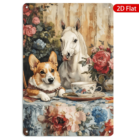8x12 Inch Metal Wall Art, Whimsical Horse and Corgi Floral Tea Party ...