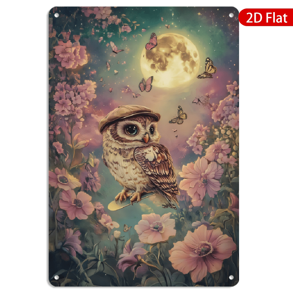 8x12 Inch Metal Wall Art, Whimsical Owl with Moon and Butterflies ...