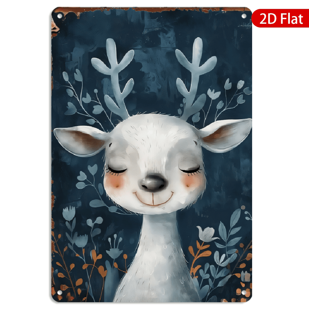 8x12 Inch Metal Wall Art White Deer Floral Decorative Rectangular Tin ...