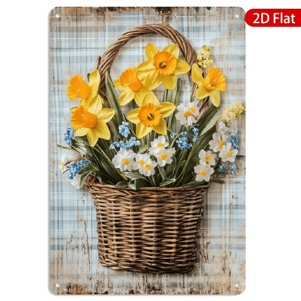 8x12 Inch Metal Wall Art, Wicker Basket with Daffodils Floral Design ...