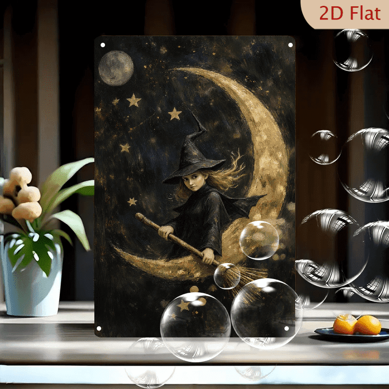 8x12 Inch Metal Wall Art, Young Witch on Glowing Crescent Moon with ...