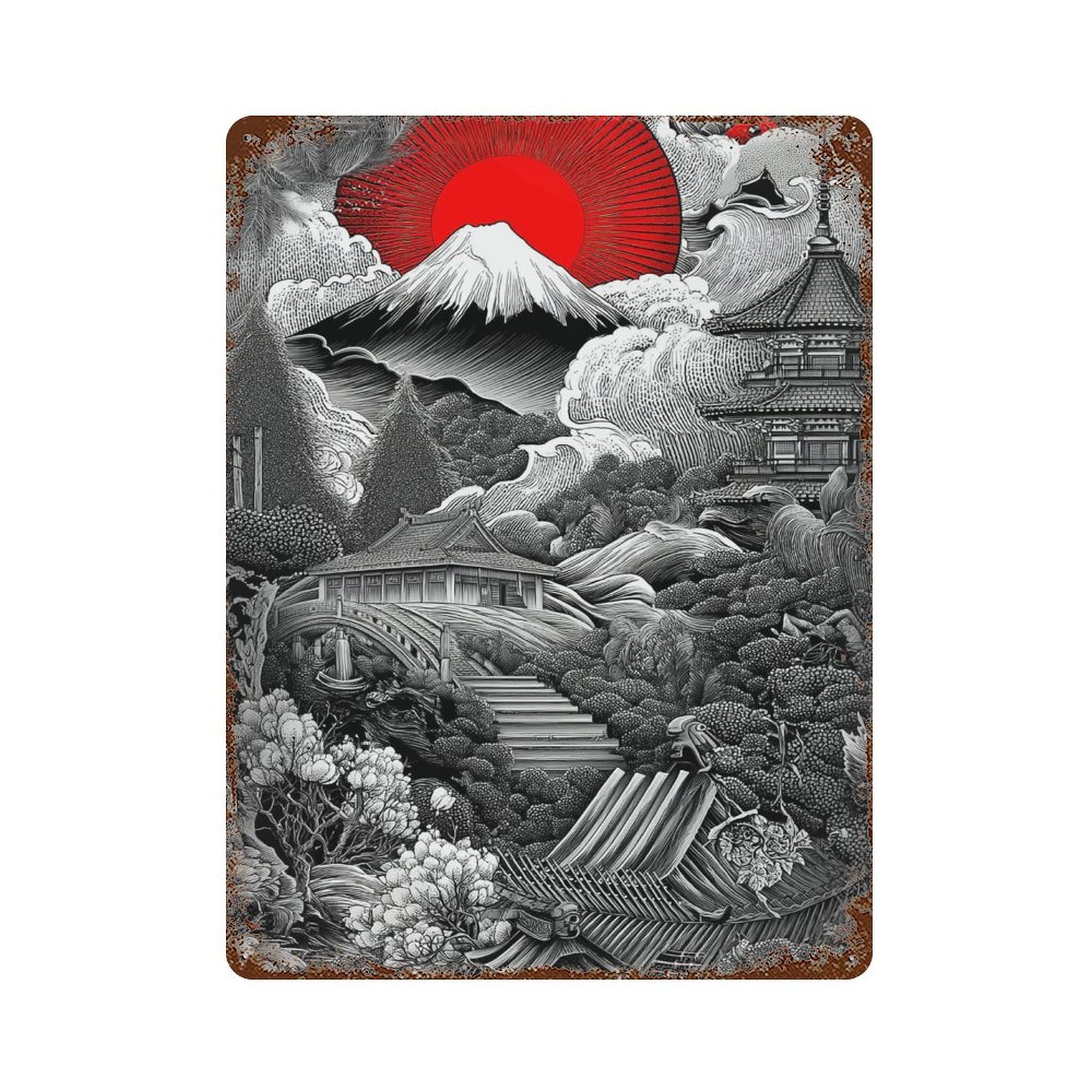 8x12 Inch Modern Art - Japanese Landscape Painting Tin Metal Decorative ...