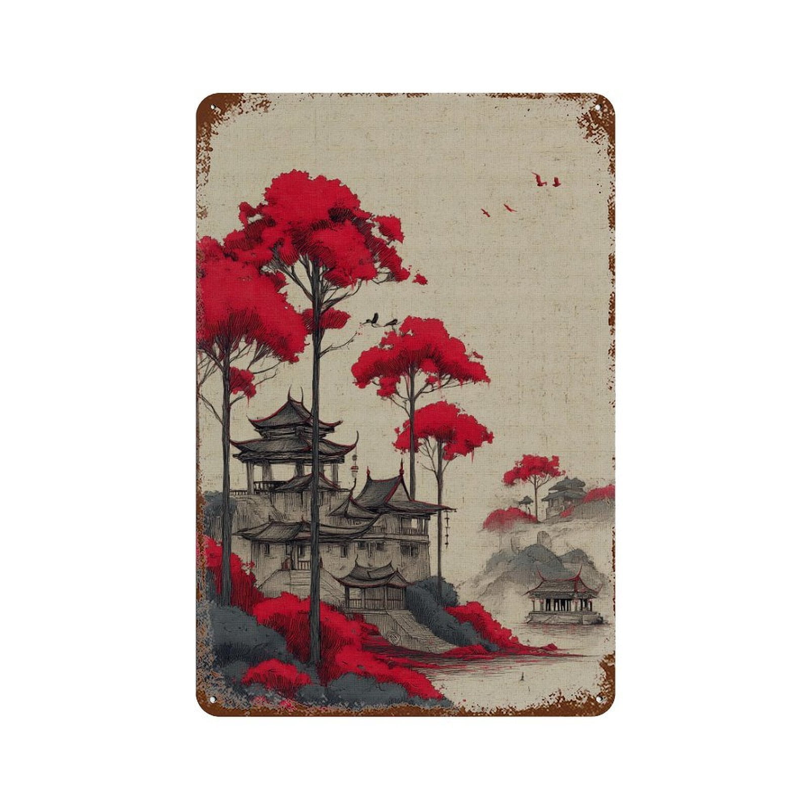 8x12 Inch Modern Art - Japanese Landscape Painting Tin Metal Decorative ...