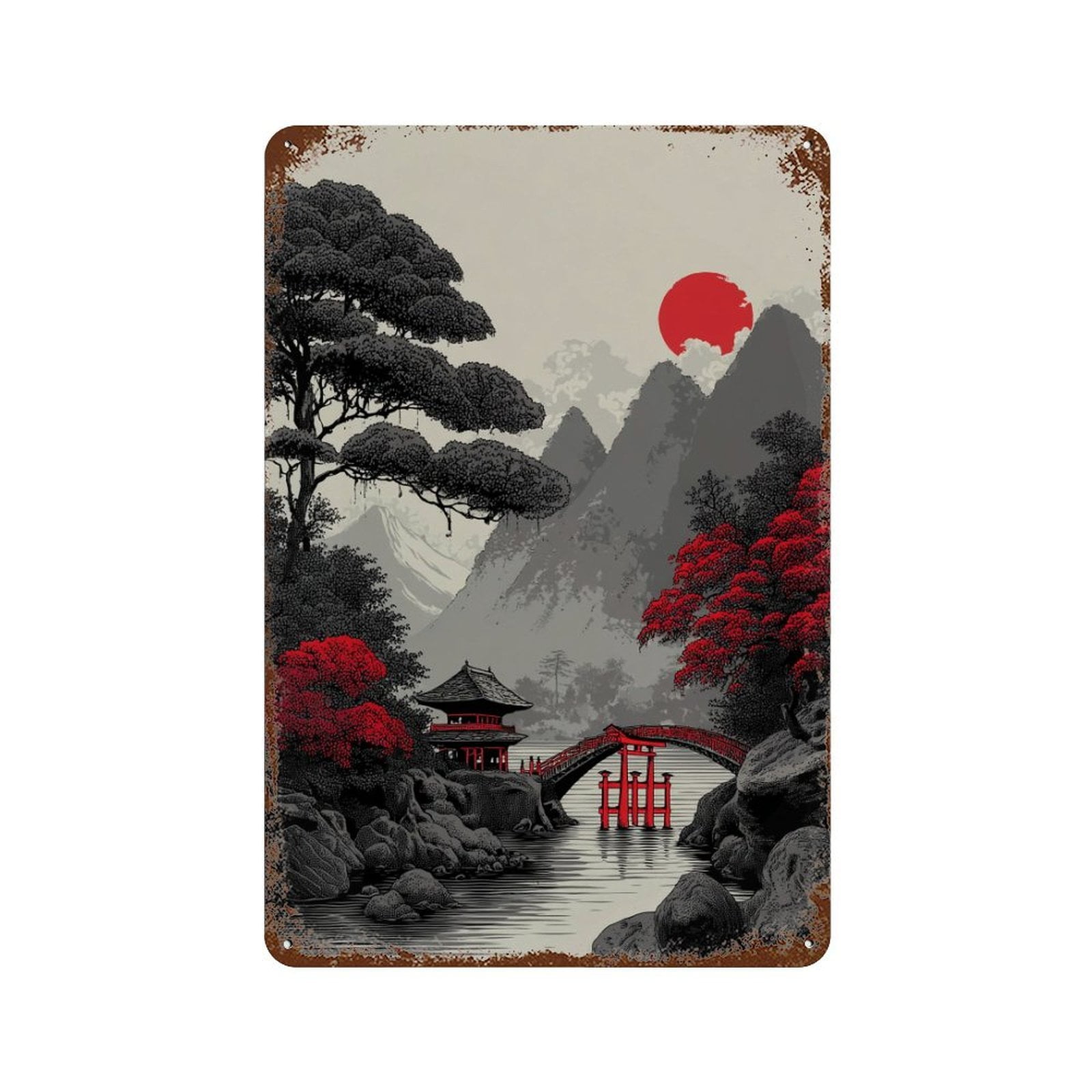 8x12 Inch Modern Art - Japanese Landscape Painting Tin Metal Decorative ...