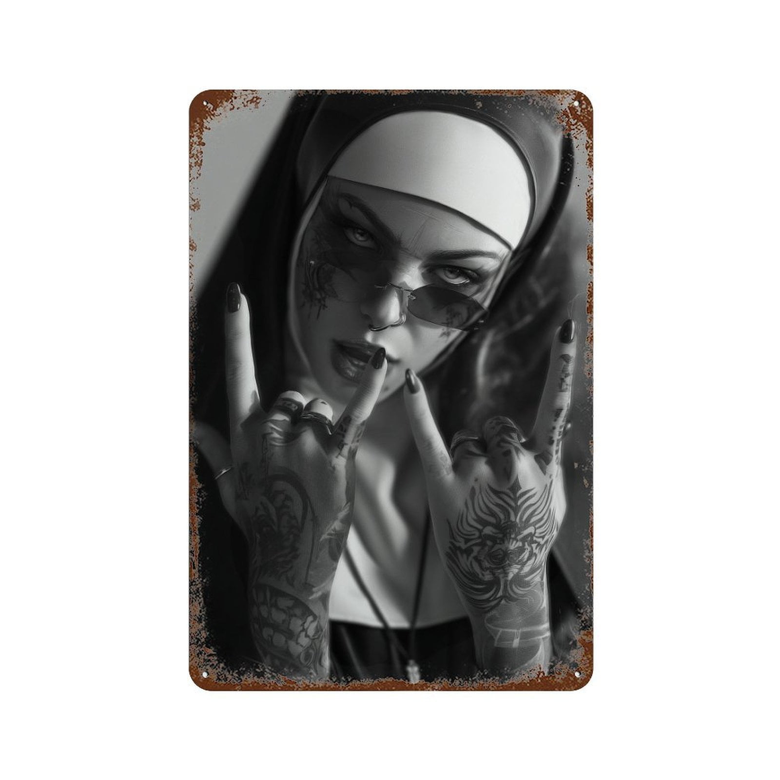 8x12 Inch Modern Art - Tattooed Nun Tin Metal Decorative Wall Paintings ...