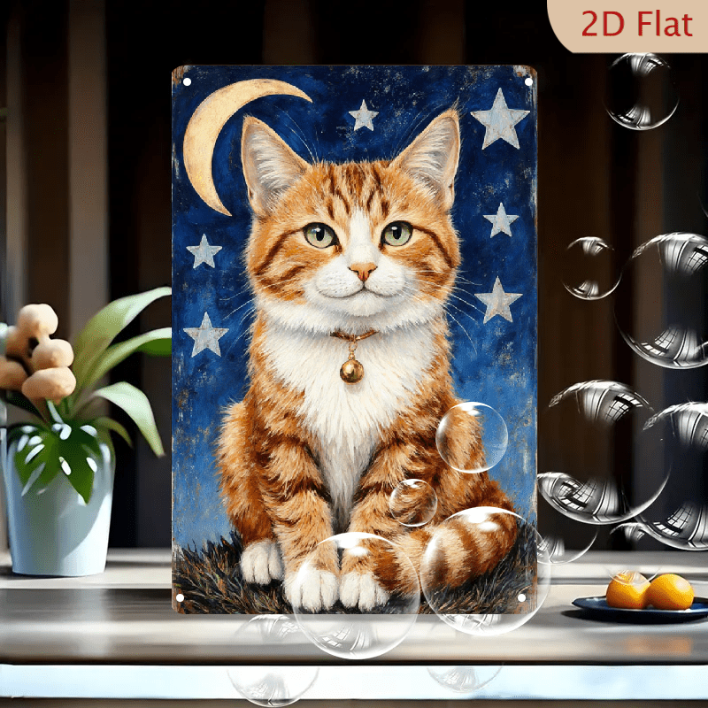 8x12 Inch Orange Tabby Cat with Green Eyes on Grass Under Starry Night ...