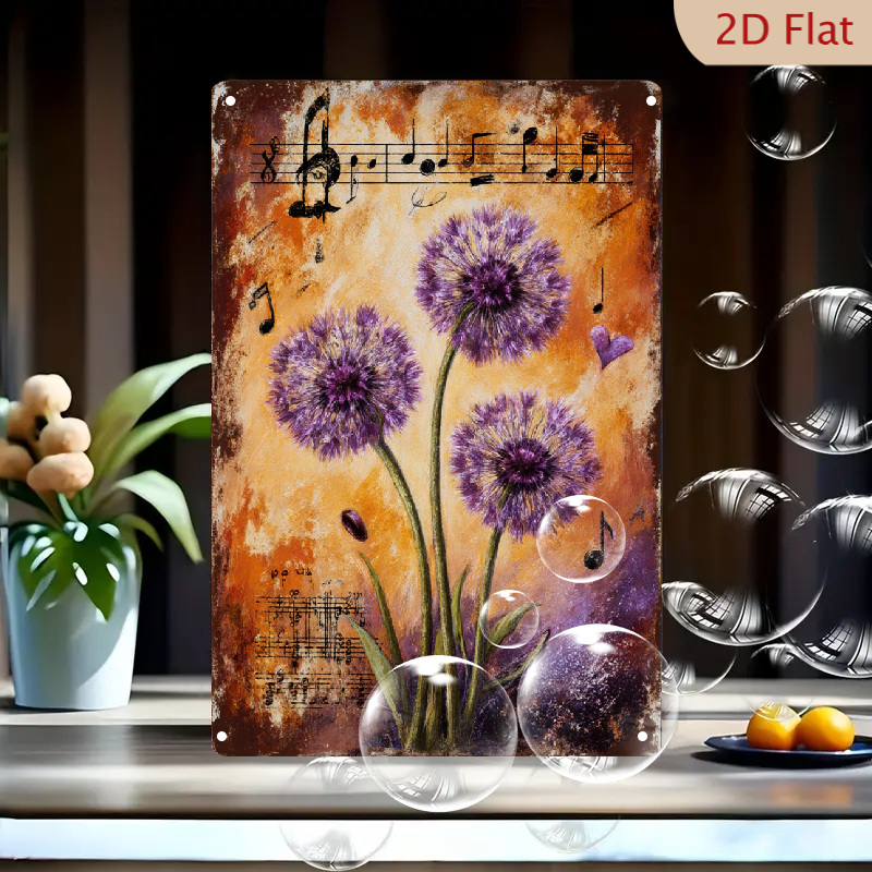 8x12 Inch Purple Allium Flowers & Musical Notes Metal Wall Art, Vintage ...