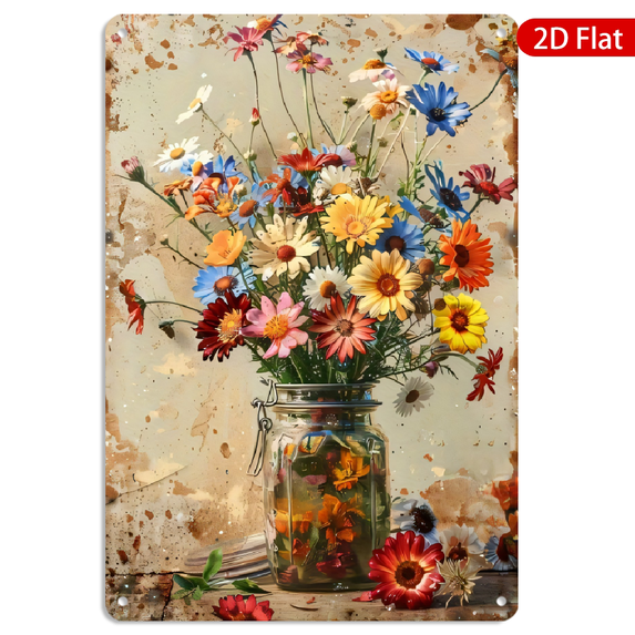 8x12 Inch Rectangular Metal Wall Art, Rustic Wildflower Bouquet Mason ...