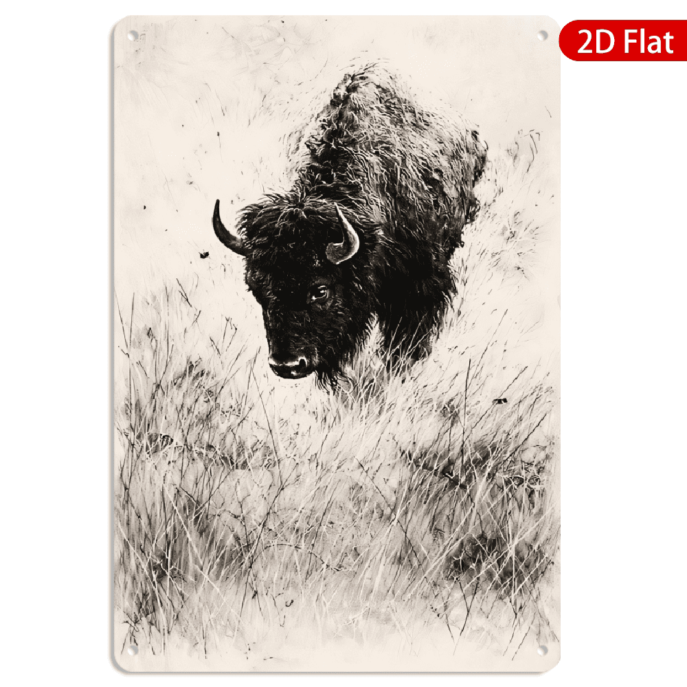 8x12 Inch Rectangular Metal Wall Art Vintage Black and White Bison in ...
