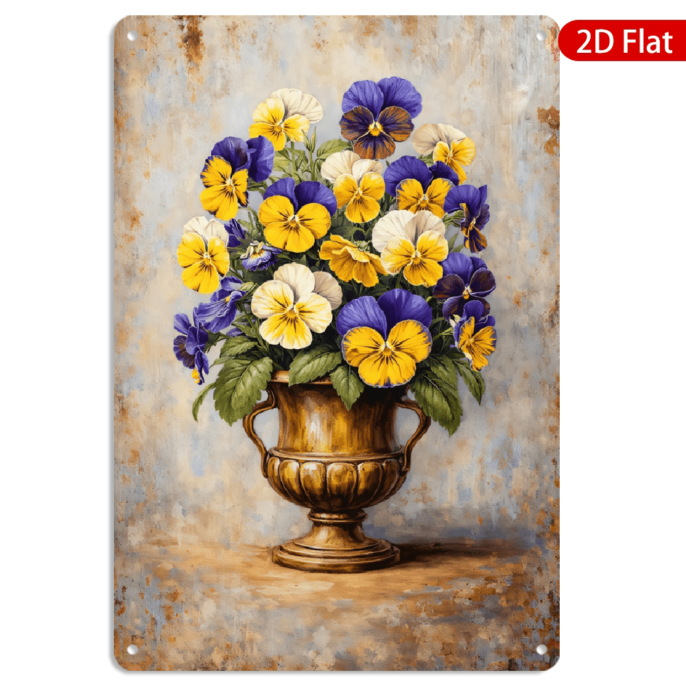8x12 Inch Rectangular Metal Wall Art Vintage Pansy Bouquet in Golden ...