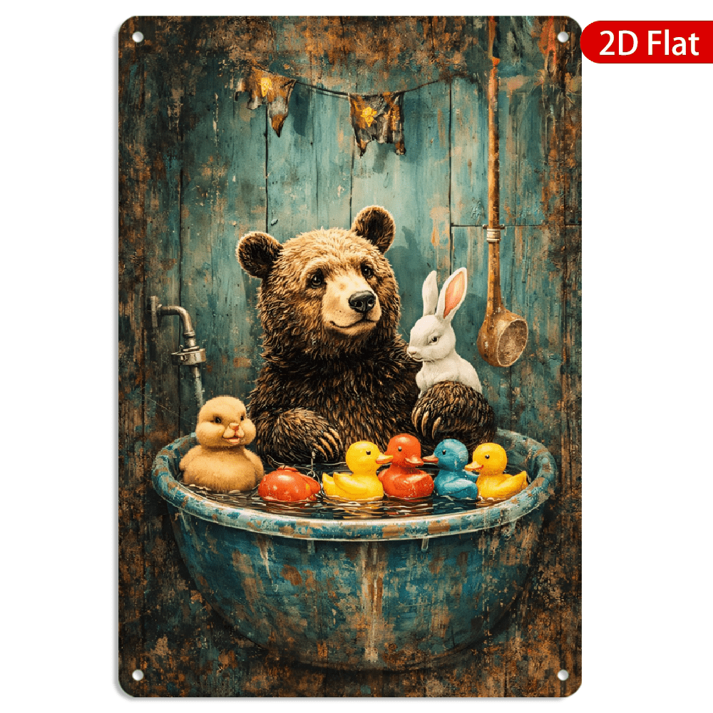 8x12 Inch Rectangular Metal Wall Art, Vintage Rustic Bear Bath Scene ...
