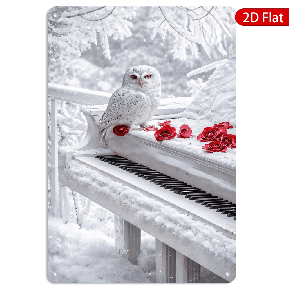 8x12 Inch Rectangular Metal Wall Art, Vintage Winter Owl and Snowy ...