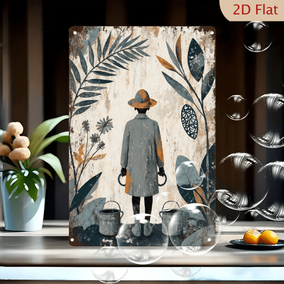 8x12 Inch Retro Metal Wall Art, Solitary Figure in Garden with Buckets ...
