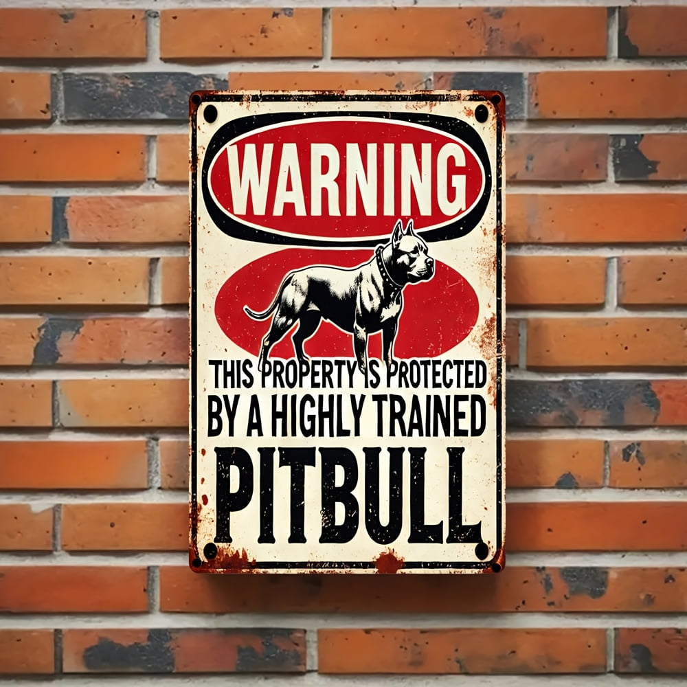 8x12 Inch Rustic Metal Sign with Pitbull Design - "WARNING THIS ...