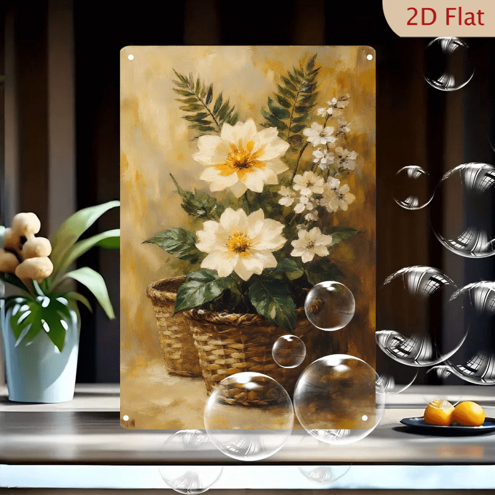 8x12 Inch Rustic Oil Painting Wall Art, Creamy White Dahlia Flowers in ...