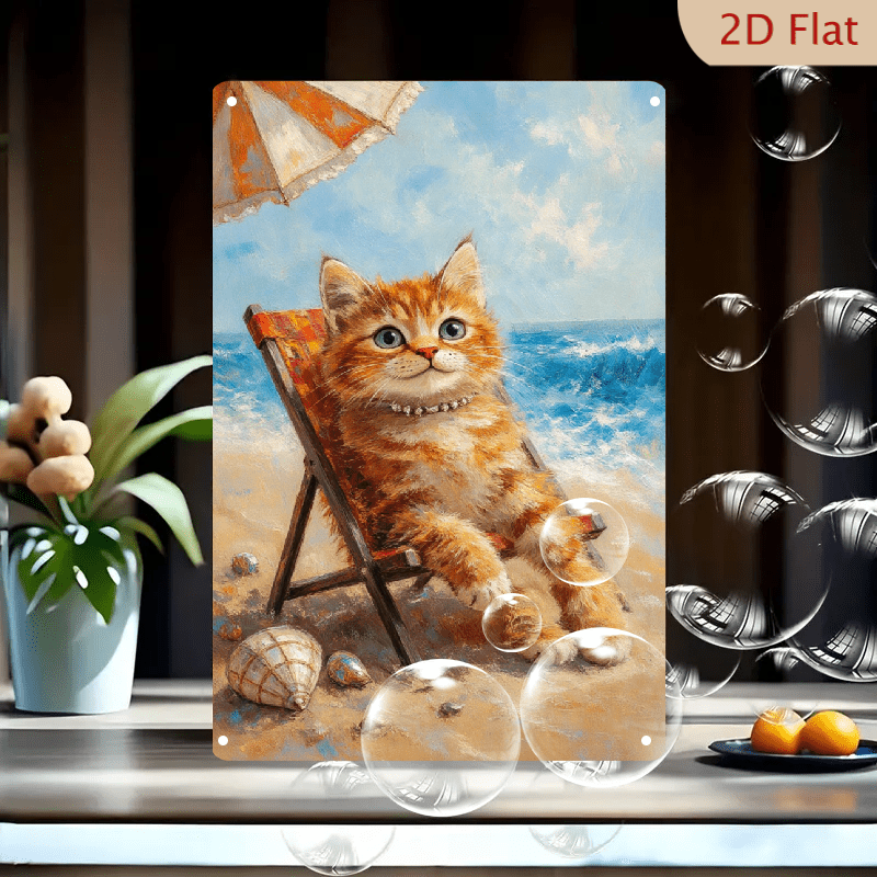 8x12 Inch Tin Sign, Whimsical Ginger Tabby Kitten on Beach Chair with ...