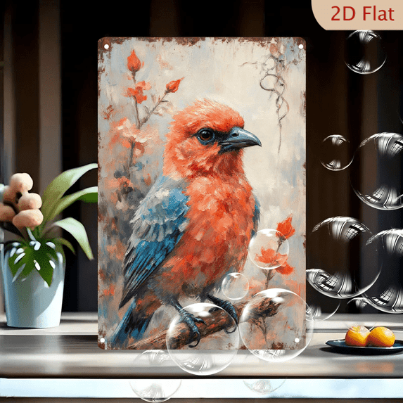 8x12 Inch Vintage Bird on Branch Wall Art, Vibrant Orange and Blue ...