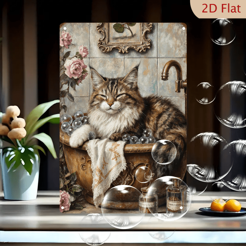 8x12 Inch Vintage Cat in Bathtub Wall Art, Fluffy Tabby with Marbles ...