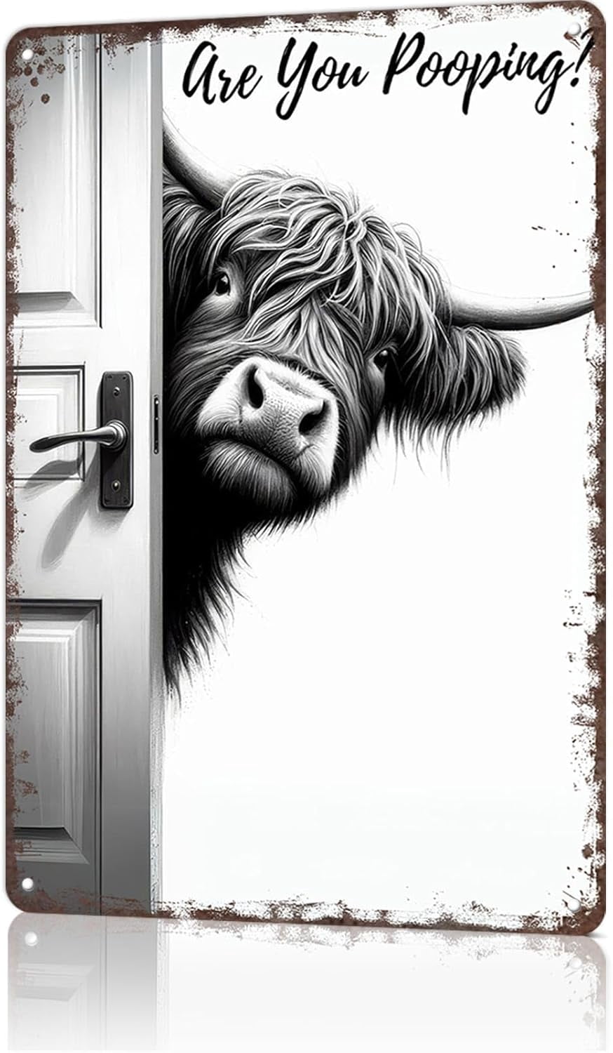 8x12 Inch Vintage Highland Cow Metal Sign, 2026 Funny Bathroom Wall Art ...
