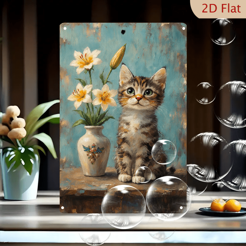 8x12 Inch Vintage Painterly Cat and Lilies Metal Wall Art, Rustic Tabby ...