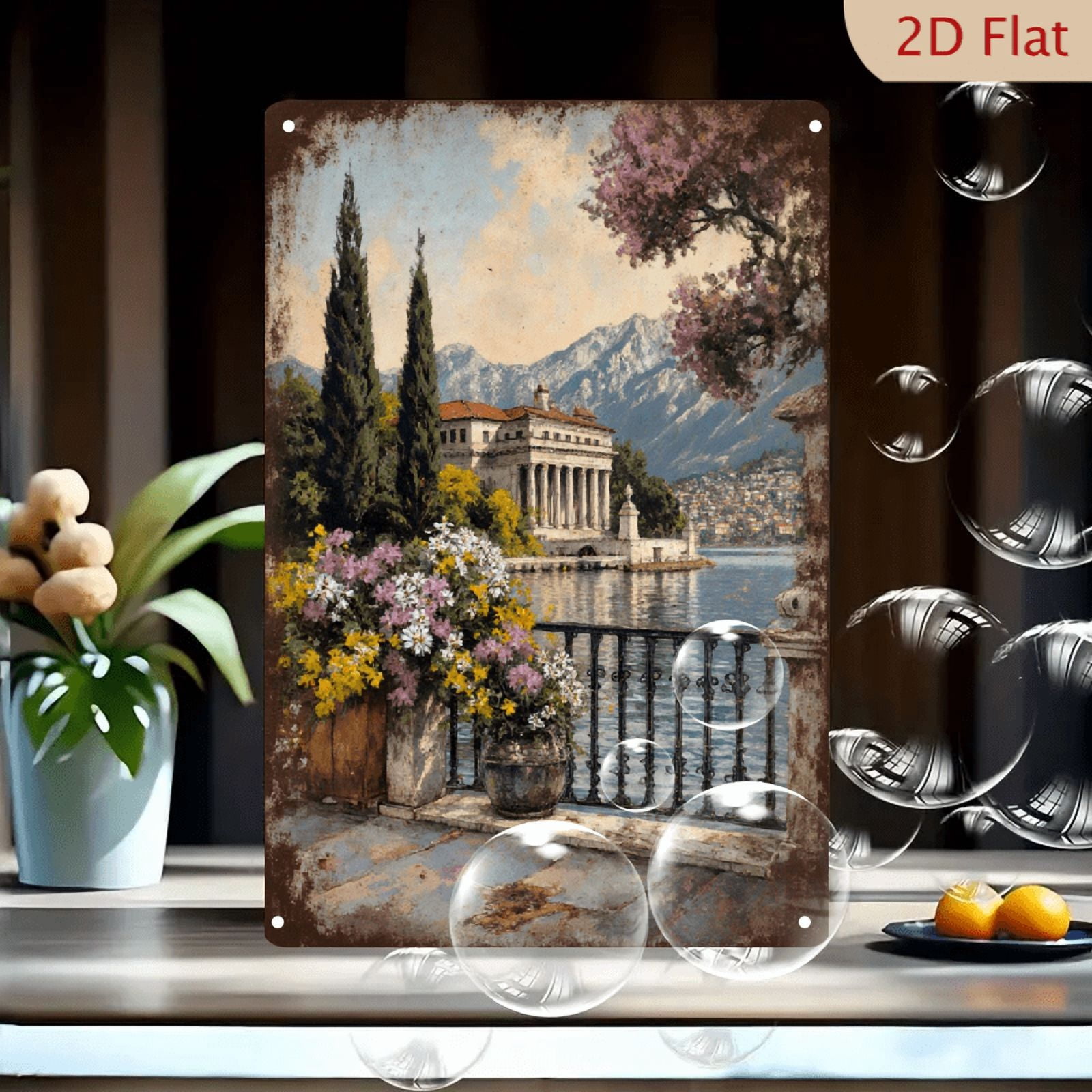 8x12 Inch Vintage Painterly Lakeside Villa with Colonnade, Flower Pots ...