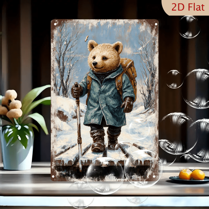 8x12 Inch Vintage Style Metal Wall Art, Anthropomorphic Bear in Winter ...