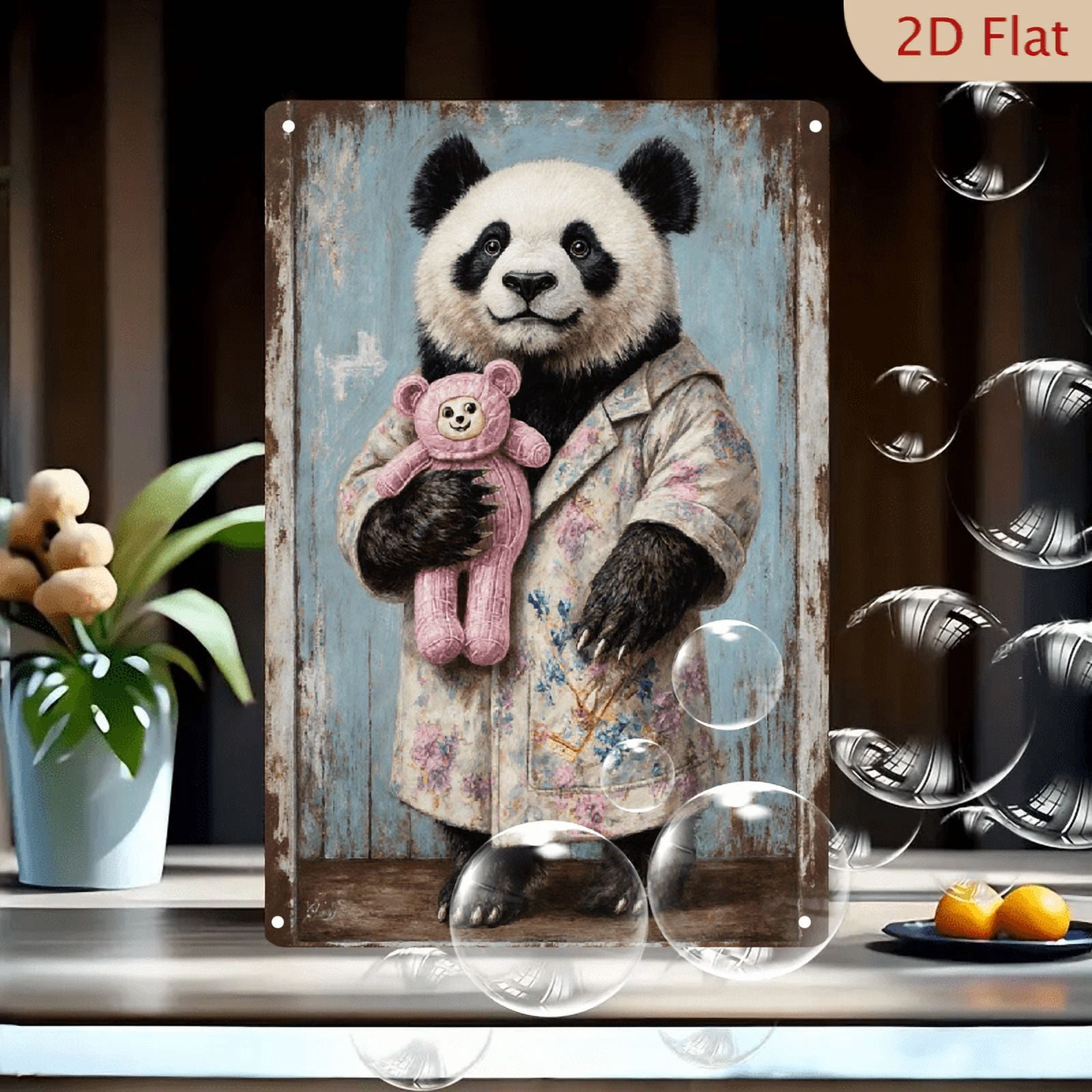 8x12 Inch Vintage Tin Sign, Whimsical Anthropomorphic Panda in Floral ...