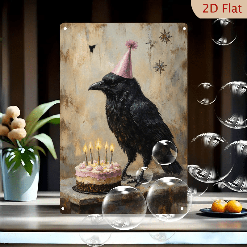 8x12 Inches Black Bird Crow Raven with Pink Party Hat and Birthday Cake ...