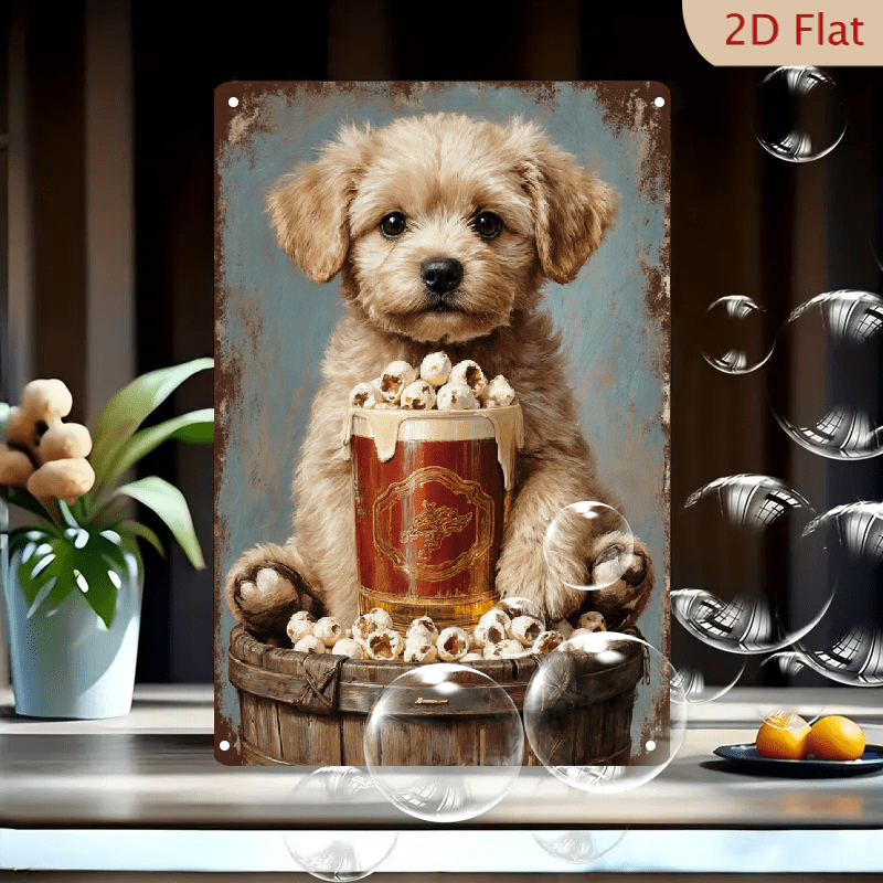 8x12 Inches Cute Fluffy Puppy in Wooden Barrel with Vintage Red Popcorn ...