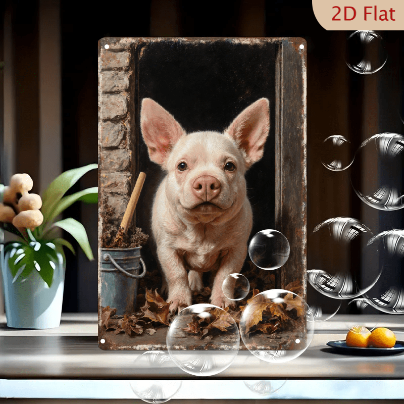 8x12 Inches Cute Piglet in Rustic Wooden Doorway with Garden Tools and ...