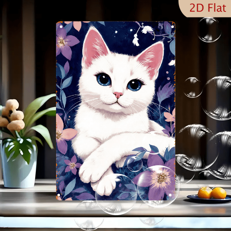 8x12 Inches Cute White Kitten with Blue Eyes & Floral Background ...