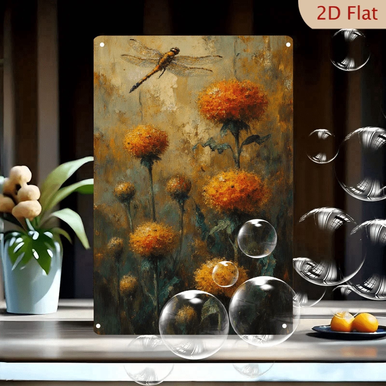 8x12 Inches Metal Wall Art, Impressionist Dragonfly and Orange Flowers ...