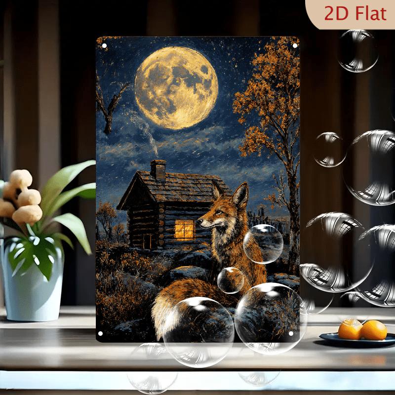 8x12 Inches Metal Wall Art, Rustic Night Cabin with Fox and Full Moon ...