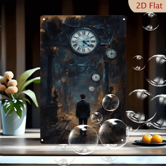 8x12 Inches Metal Wall Art, Surreal Dark Hall with Floating Clocks and ...