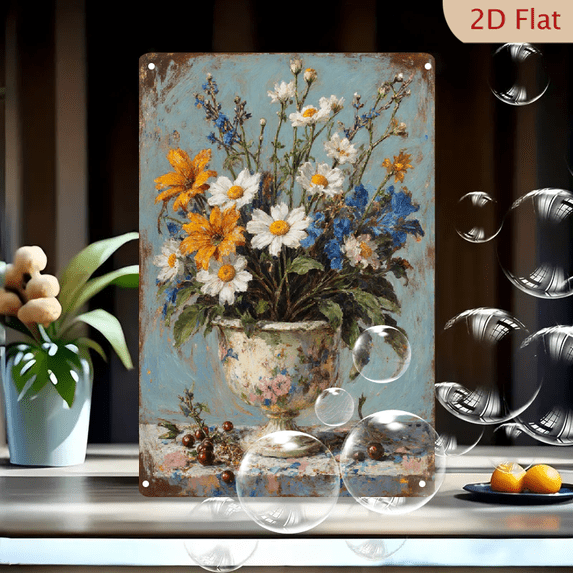 8x12 Inches Metal Wall Art, Vibrant Floral Bouquet with White Daisies ...