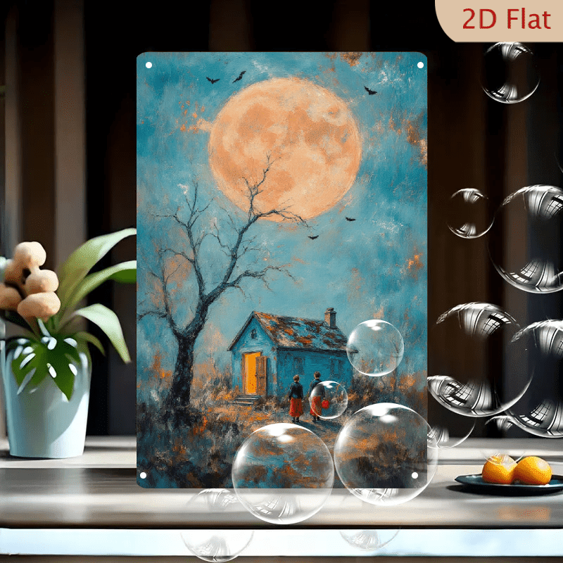 8x12 Inches Moody Blue House Night Sky Art Metal Wall Decor, Glowing ...