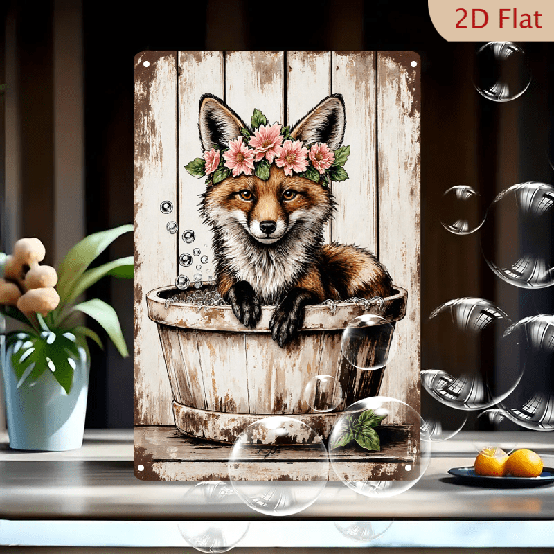 8x12 Inches Red Fox Bathing in Wooden Tub with Flower Crown Rustic Wall ...
