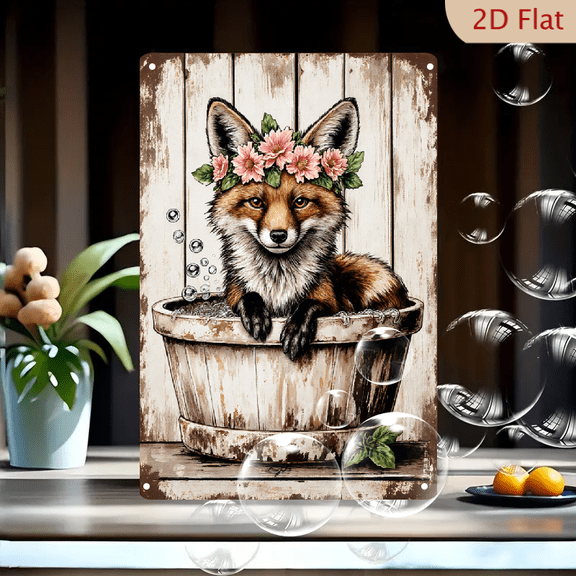 8x12 Inches Red Fox Bathing in Wooden Tub with Flower Crown Rustic Wall ...