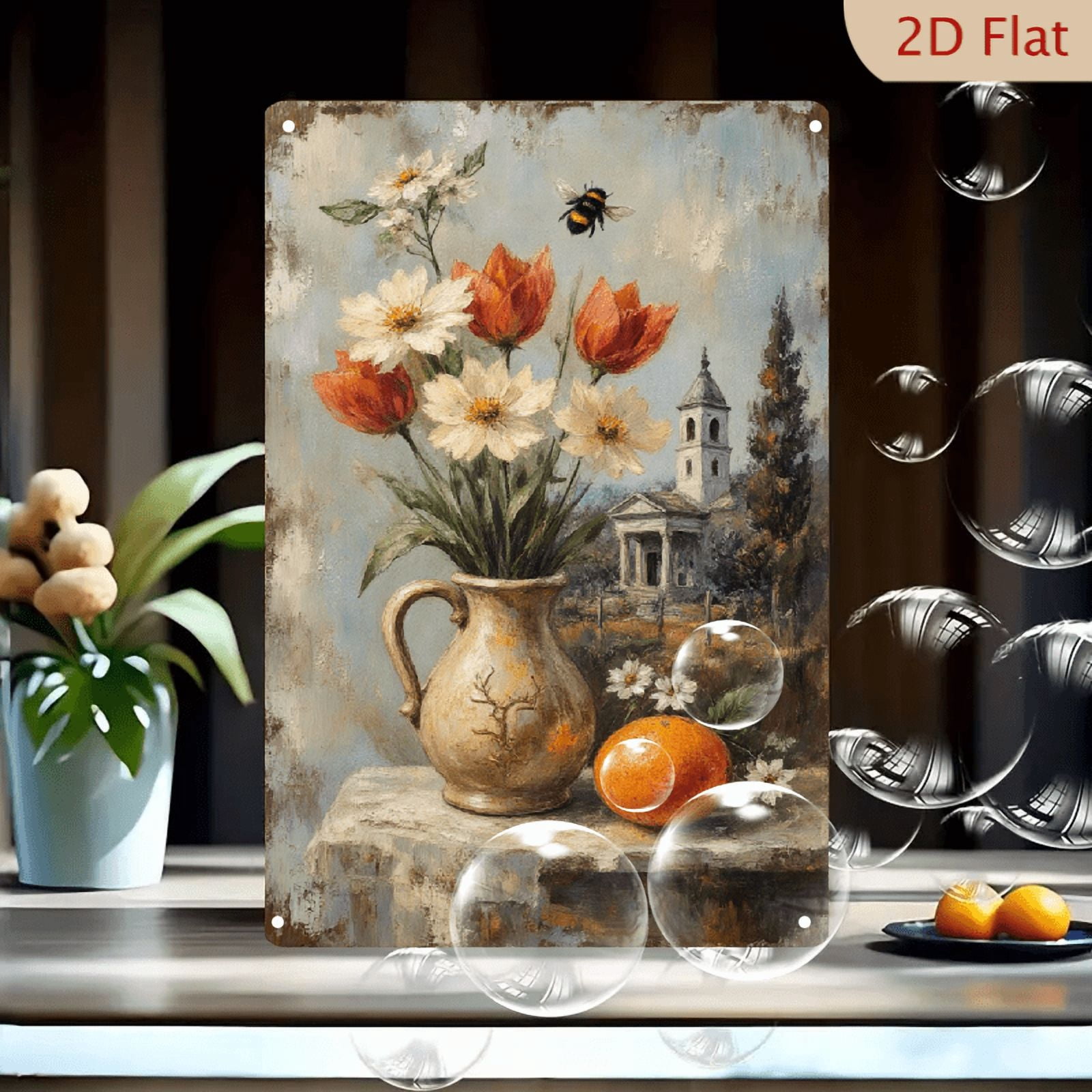 8x12 Inches Rustic Ceramic Pitcher with Daisies and Tulips, Bumblebee ...